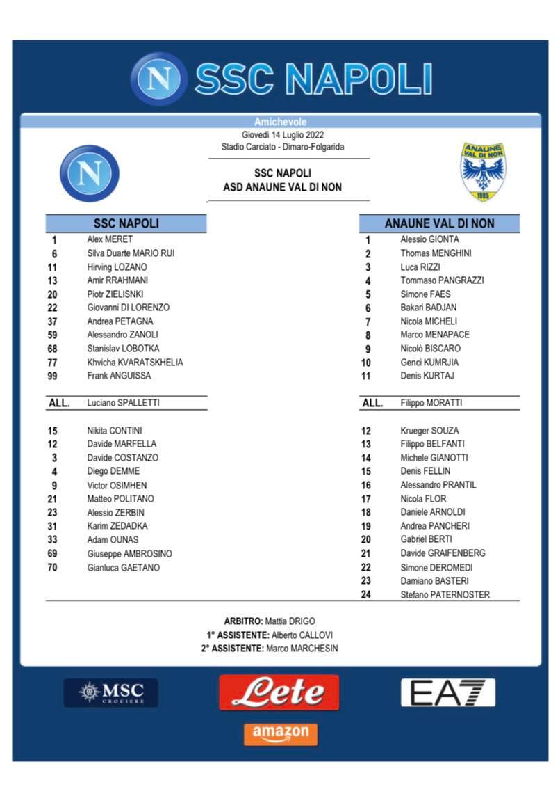 Napoli-Anaune formazioni ufficiali: ecco l'undici di Spalletti e Moratti
